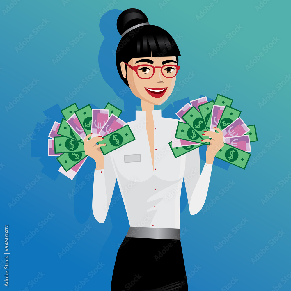 Business woman holding lot of money Stock Vector | Adobe Stock