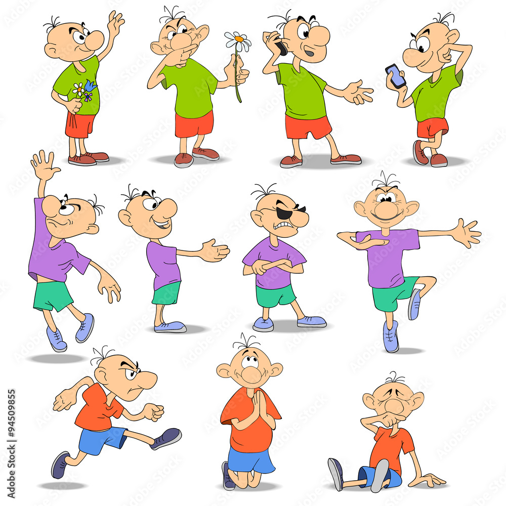 Funny boy. Cartoon character. Set of man, boy in various situations ...