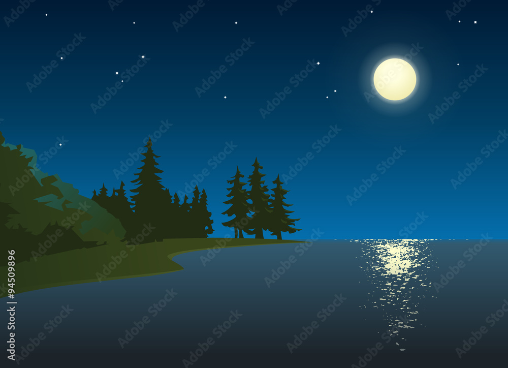 The moonlight on the sea. Cartoon style. Vector illustration of the ...