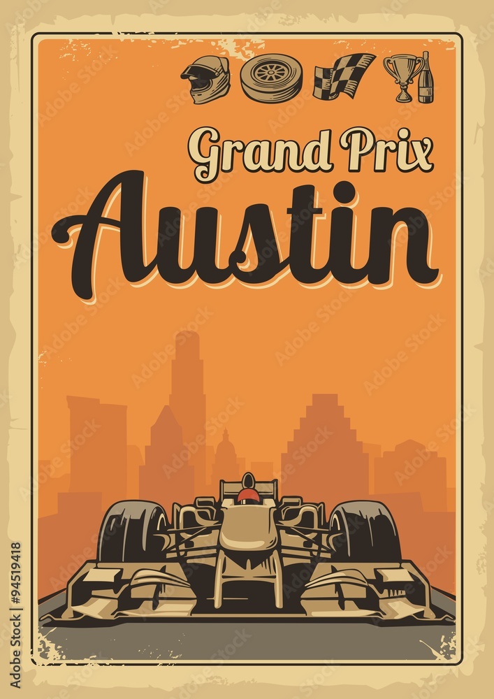 Vecteur Stock Vintage poster Grand Prix Austin. Set symbols F1 - racing ...