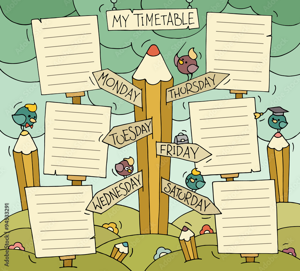 Cartoon school timetable with little cute bird character and signpost ...