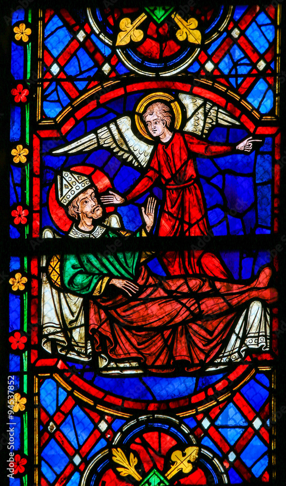 Saint on his Deathbed - Stained Glass in Tours Cathedral Stock Photo ...