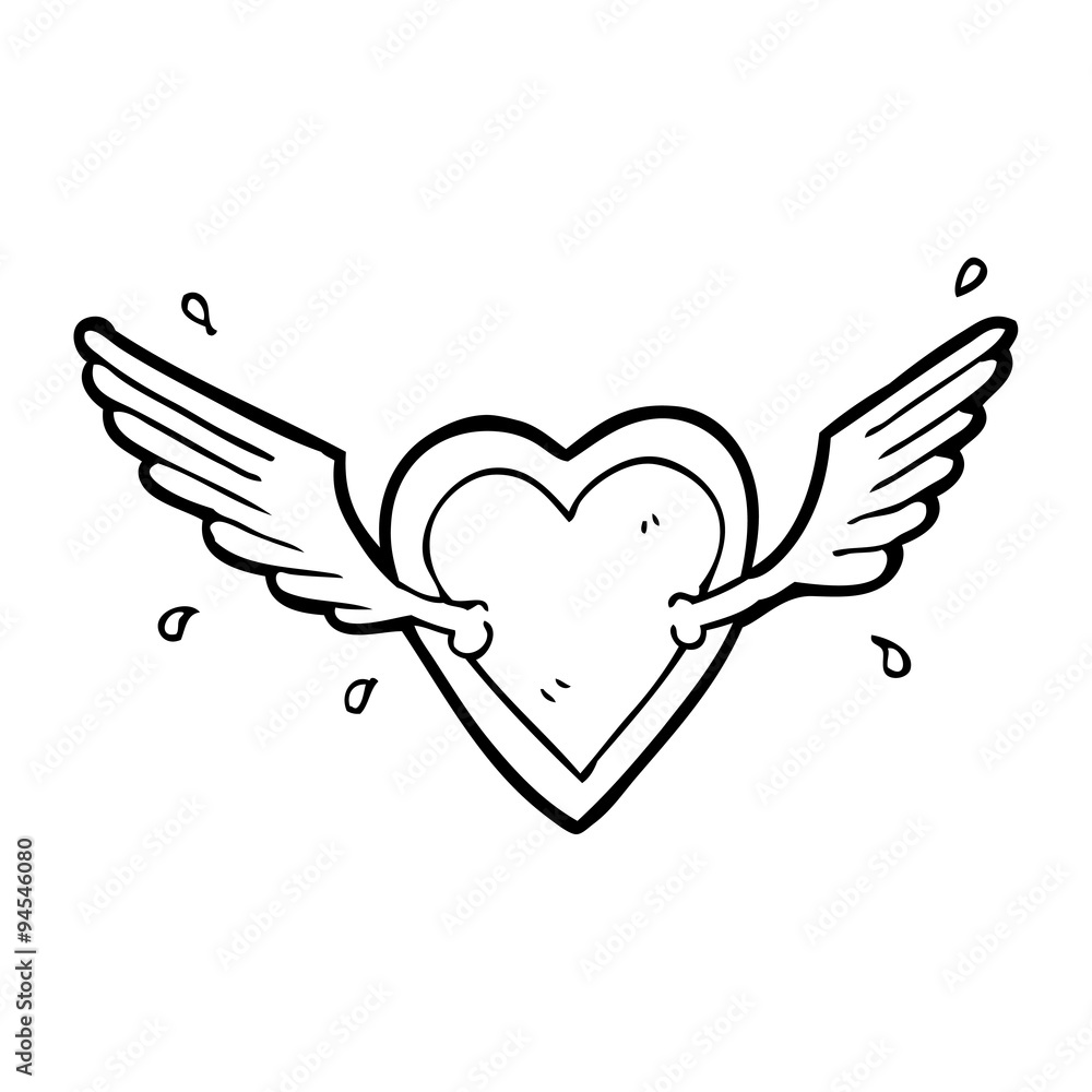 line drawing cartoon flying heart Stock Vector | Adobe Stock