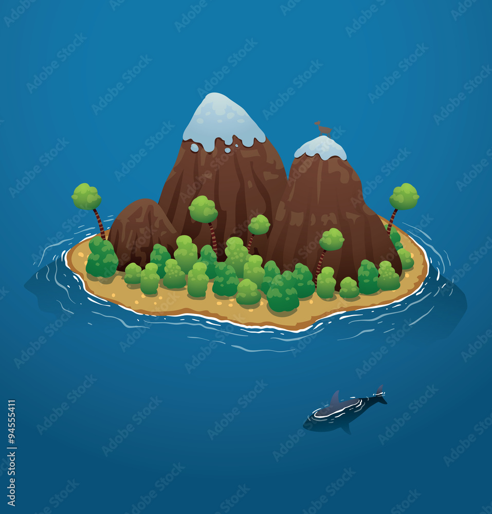 Vector Island in the sea with a shark. Cartoon image of the island in a ...