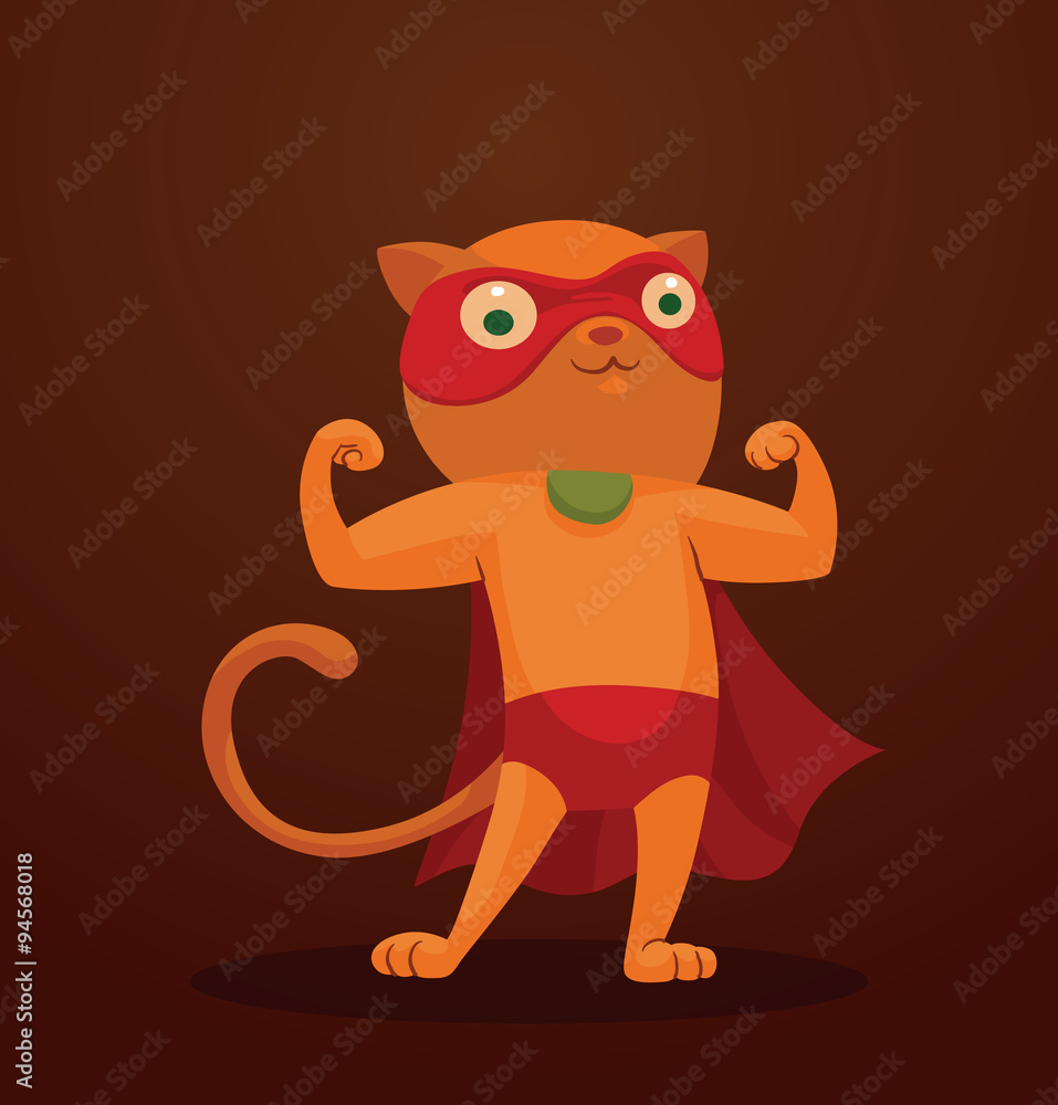 Vector superhero cat to flex his muscles. Cartoon image of a red cat ...