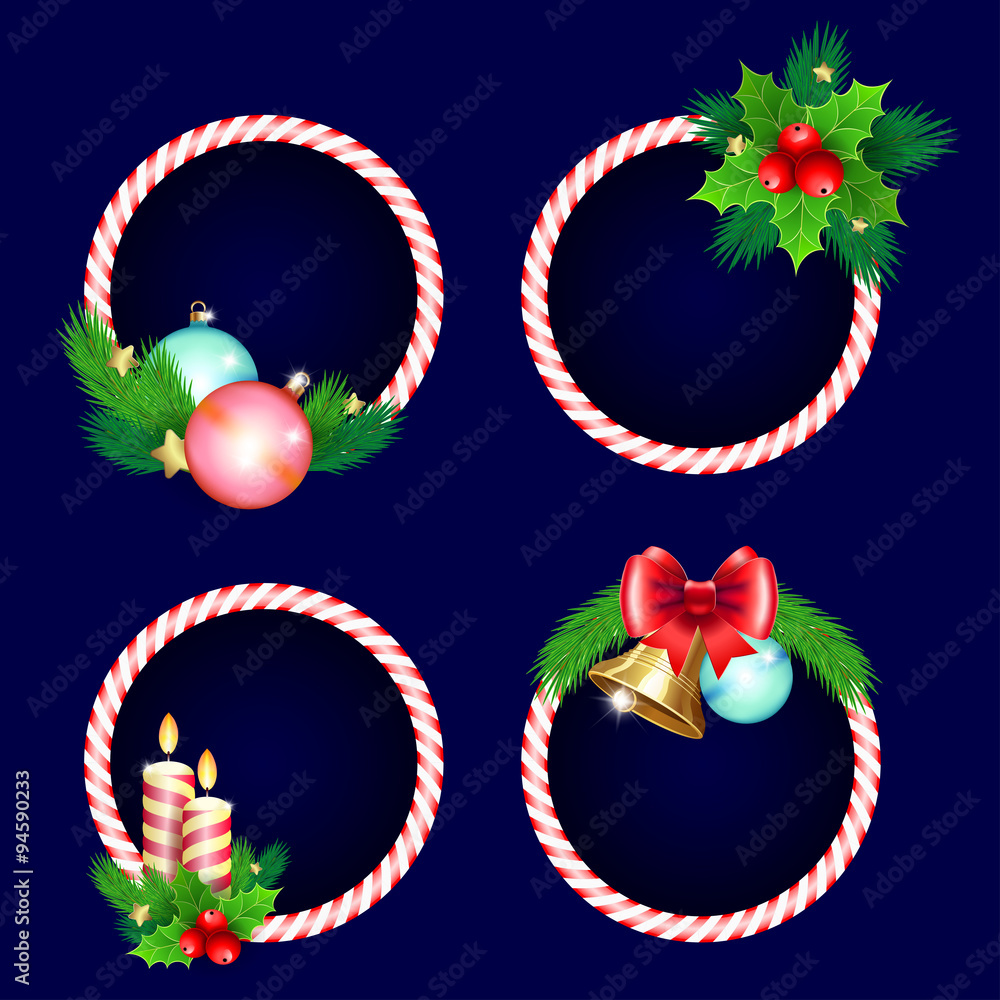 Christmas frame set design with candles bells branches and bow ...