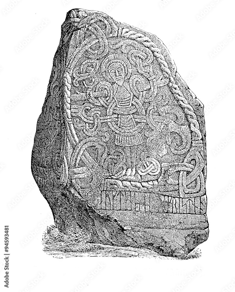 Vintage engraving, king Harald rune stone of Jelling Denmark from the ...