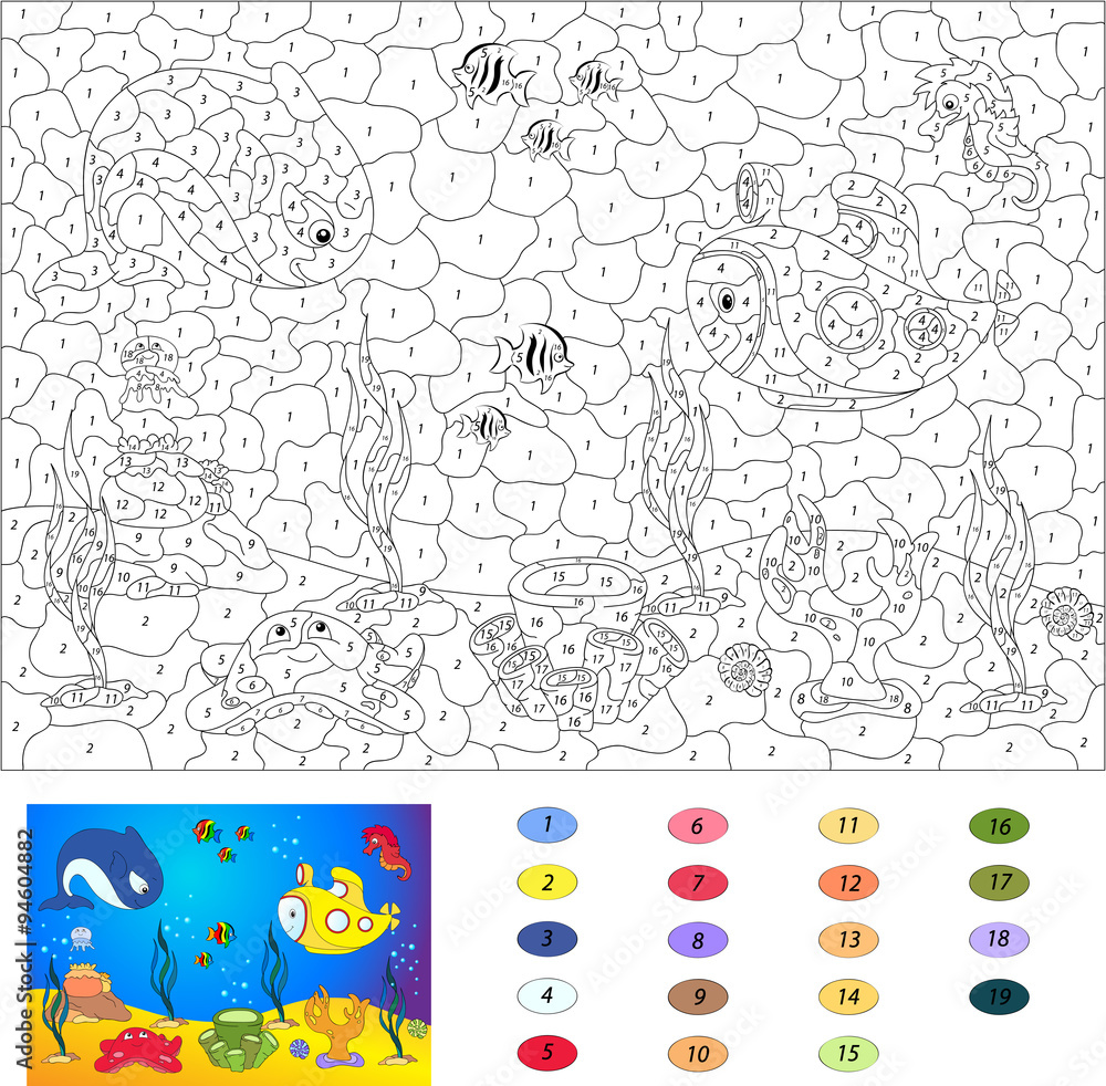 Color by number educational game for kids. Underwater world, oce Stock ...