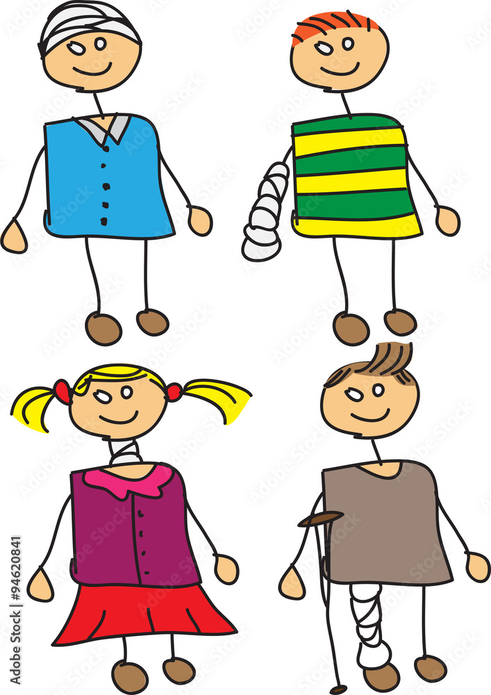 Set of vector doodle injured kids with bandages. Stock Vector | Adobe Stock