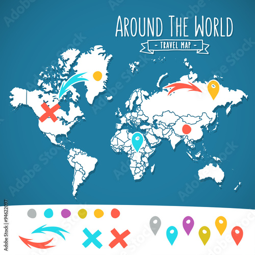 Hand drawn world map with pins and arrows vector design. Cartoon style ...