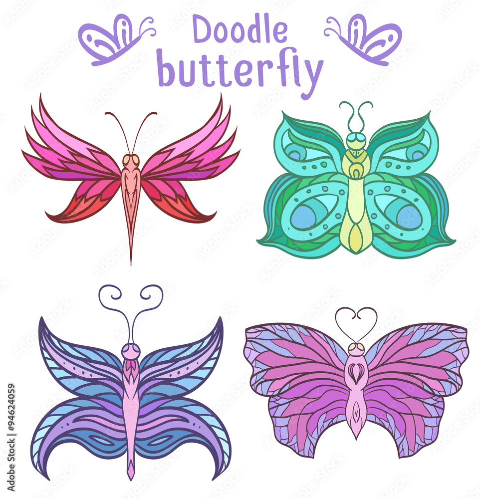 Set of colorful doodle butterflies for your creativity Stock Vector ...