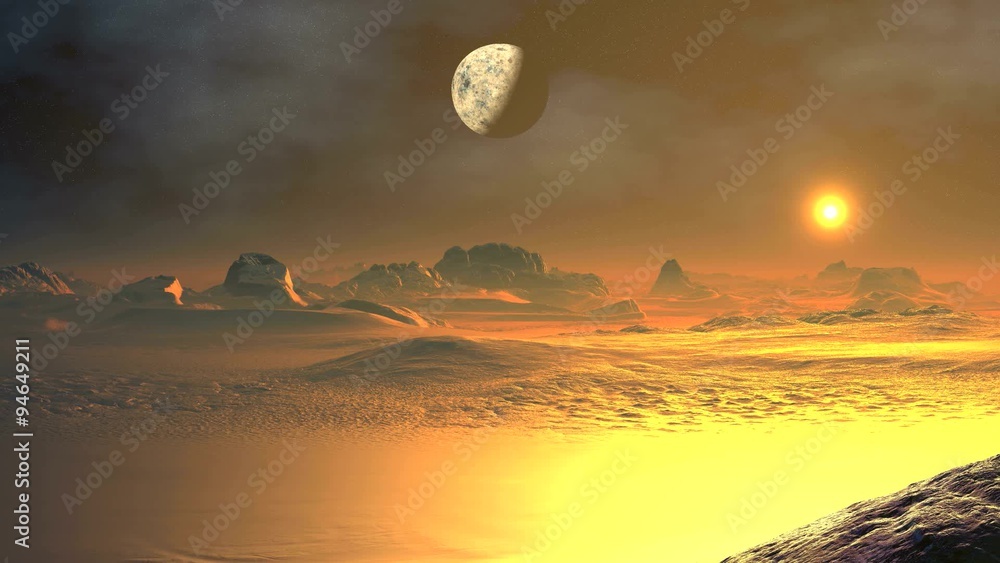 Alien Planet. Misty rocky terrain filled bright orange distant star ...