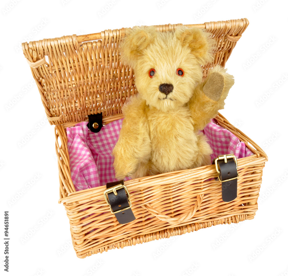 Teddy Bear In A Wicker Basket Stock Photo | Adobe Stock