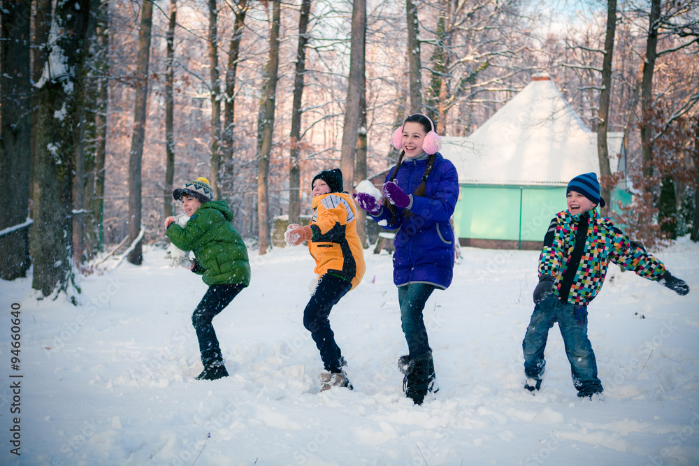 children playing snowballs Stock Photo | Adobe Stock