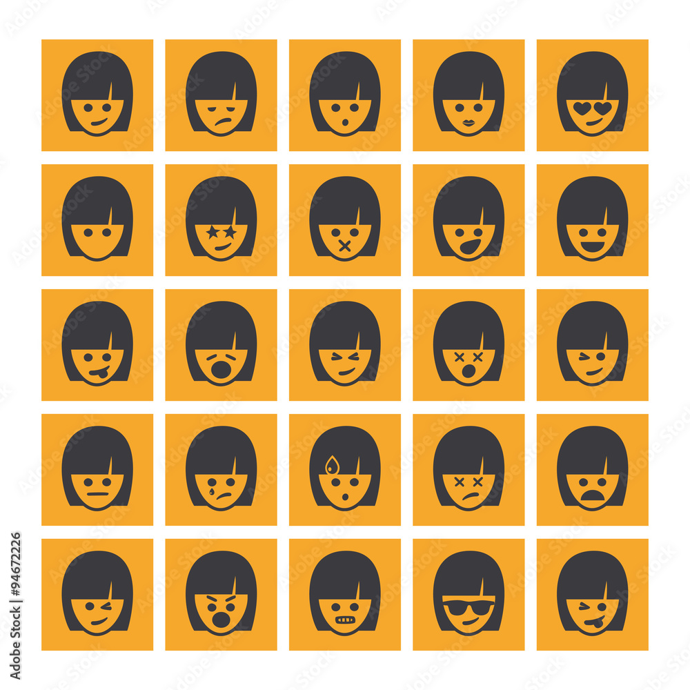 Vetor de Set of different rectangular woman emoticons vector. Emoji ...
