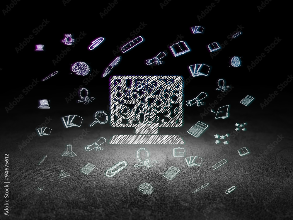 Education concept: Computer Pc in grunge dark room Stock Illustration ...