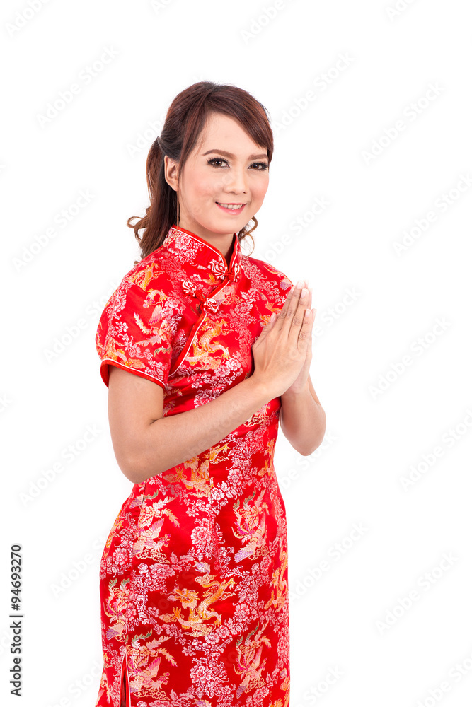 Asian Chinese girl greeting in Traditional Chinese, Welcome, Guest, put ...