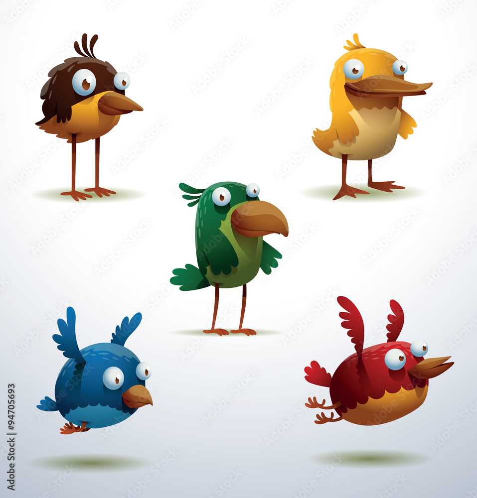 Vector Set of Cute Birds. Cartoon image of five cute birds of various ...