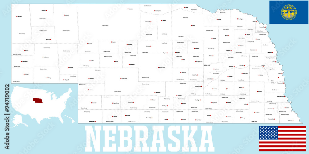 Poster A large and detailed map of the State of Nebraska with all ...
