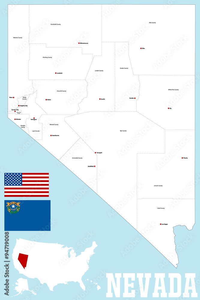 A large and detailed map of the State of Nevada with all counties and ...