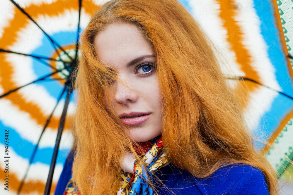 Autumn Portrait Of The Woman With Fiery Hair In Leaves With Umbrella