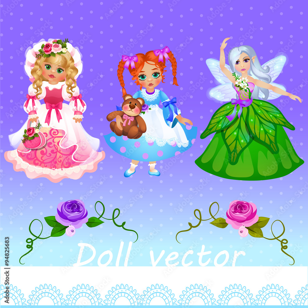 Three little girls doll and fairy on a purple background Stock Vector ...