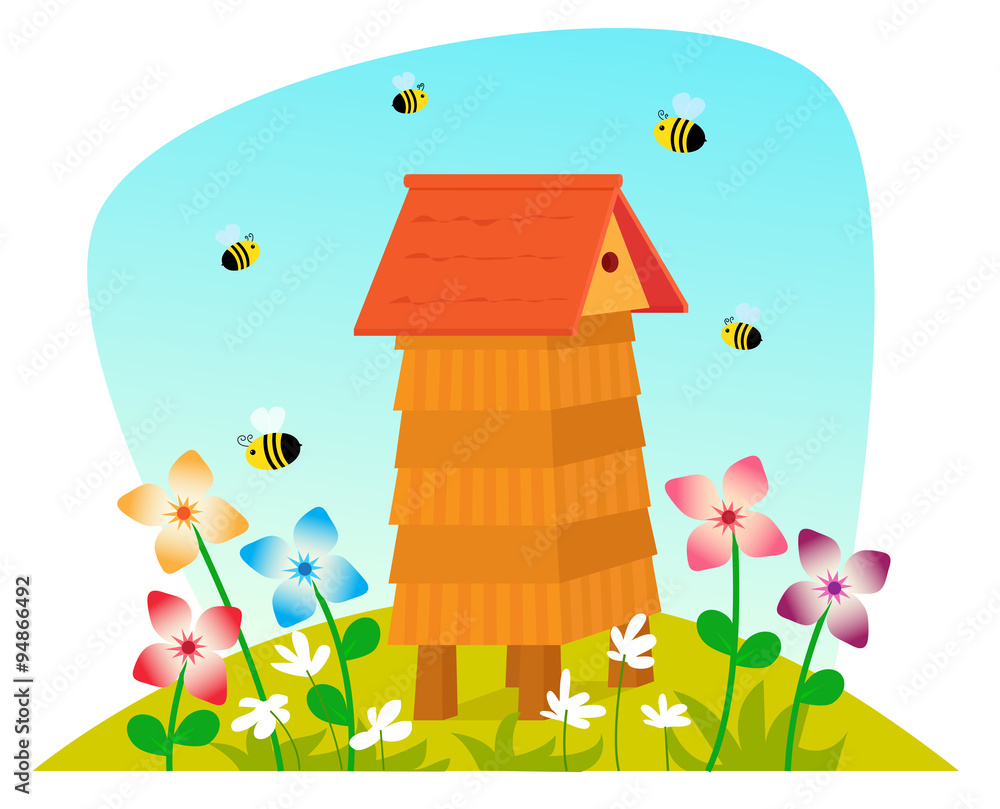 Beehive - Cute cartoon beehive on a field with flowers and bees. Eps10 ...