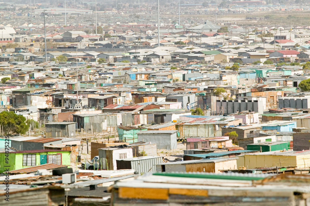 Elevated view of shanty towns or Squatter Camps, also known as ...
