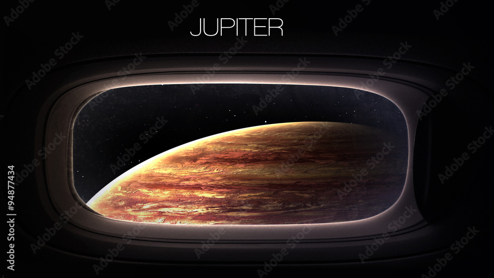 Jupiter - Beauty of solar system planet in spaceship window porthole ...