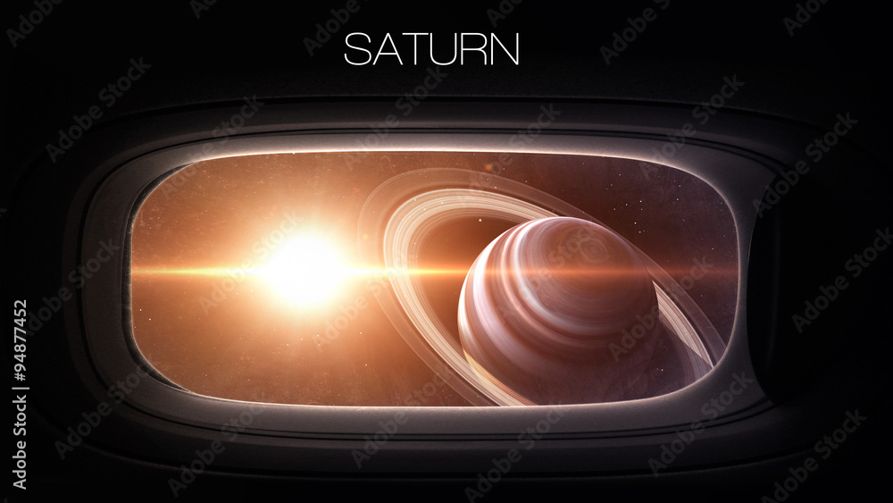 Saturn - Beauty of solar system planet in spaceship window porthole ...