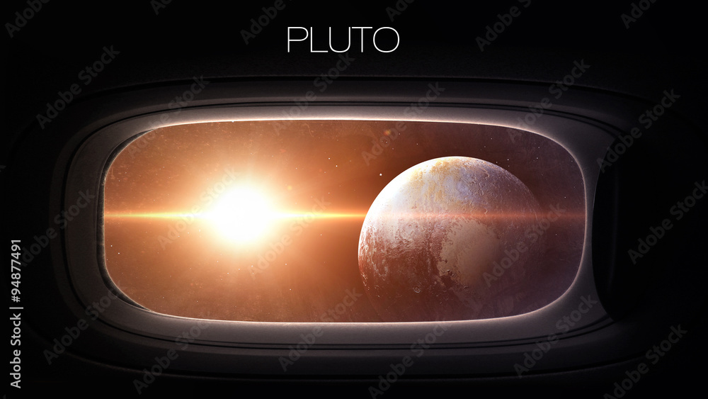 Pluto - Beauty of solar system planet in spaceship window porthole ...