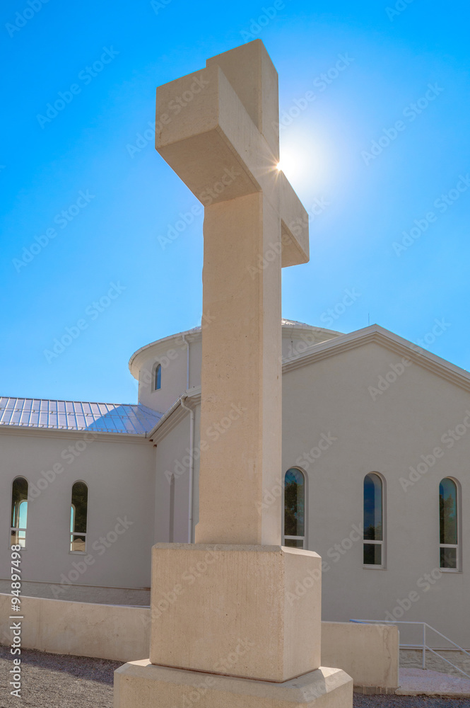 White stone cross with croatian interlace or wattle over the Krb Stock ...