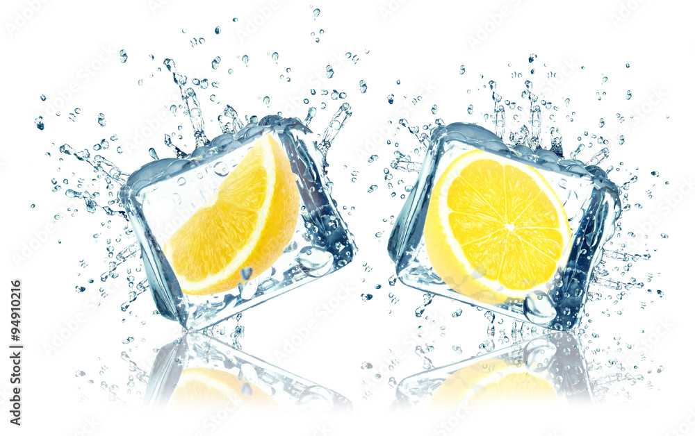splash of lemon, ice cubes and leaf isolated on a white background ...