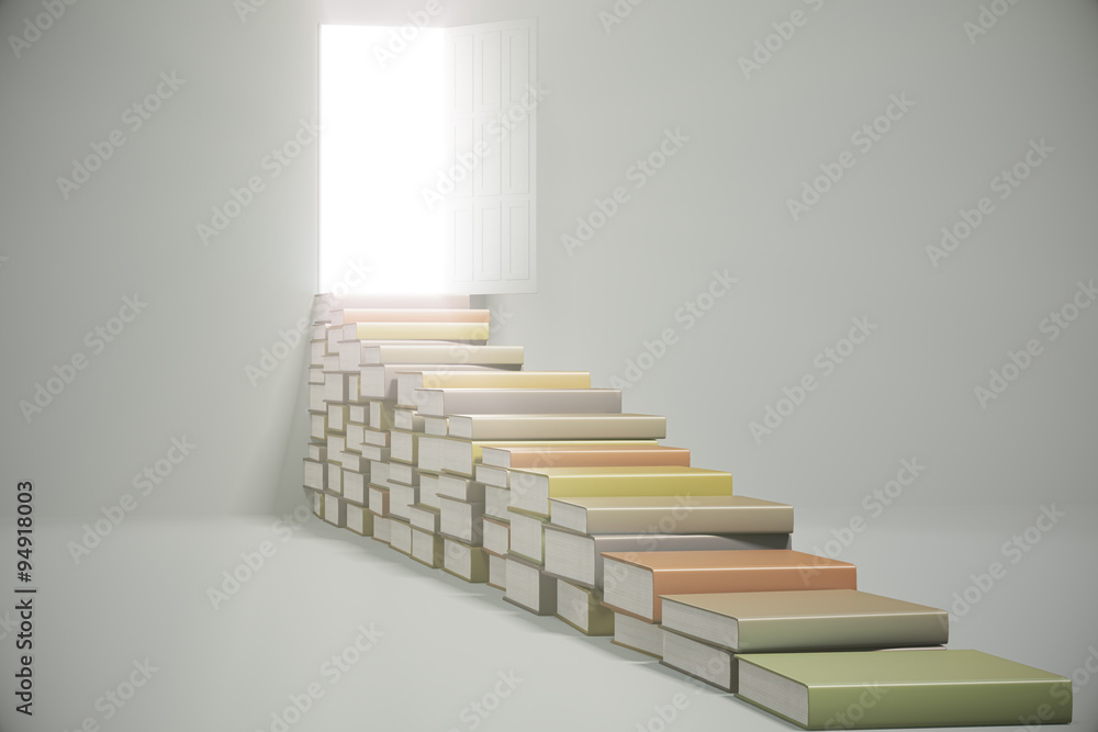 Book stairway and bright light from the open door Stock Illustration ...