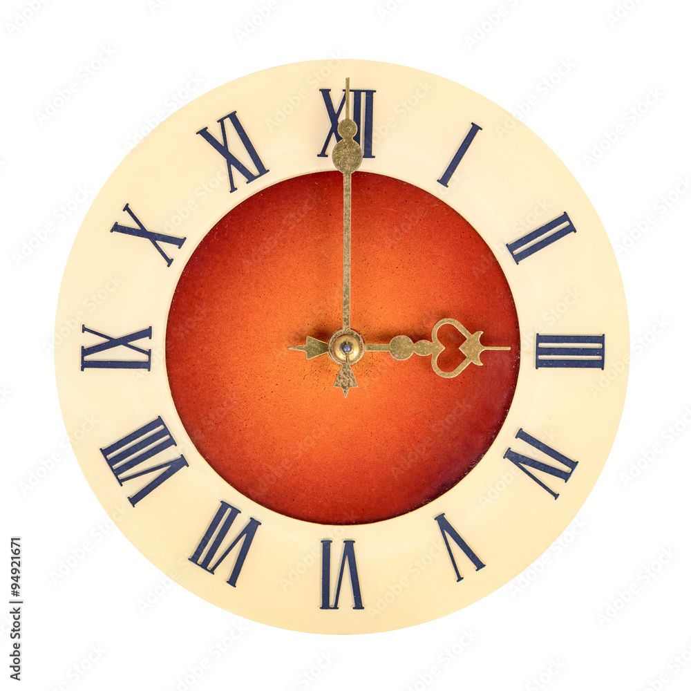 Clock face with roman numerals on white showing three o'clock Stock ...