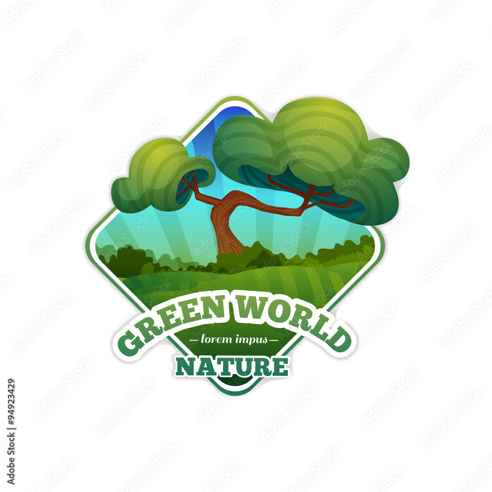 Lozenge logo, sign, badge with nature, landscape, trees. Cartoon style ...