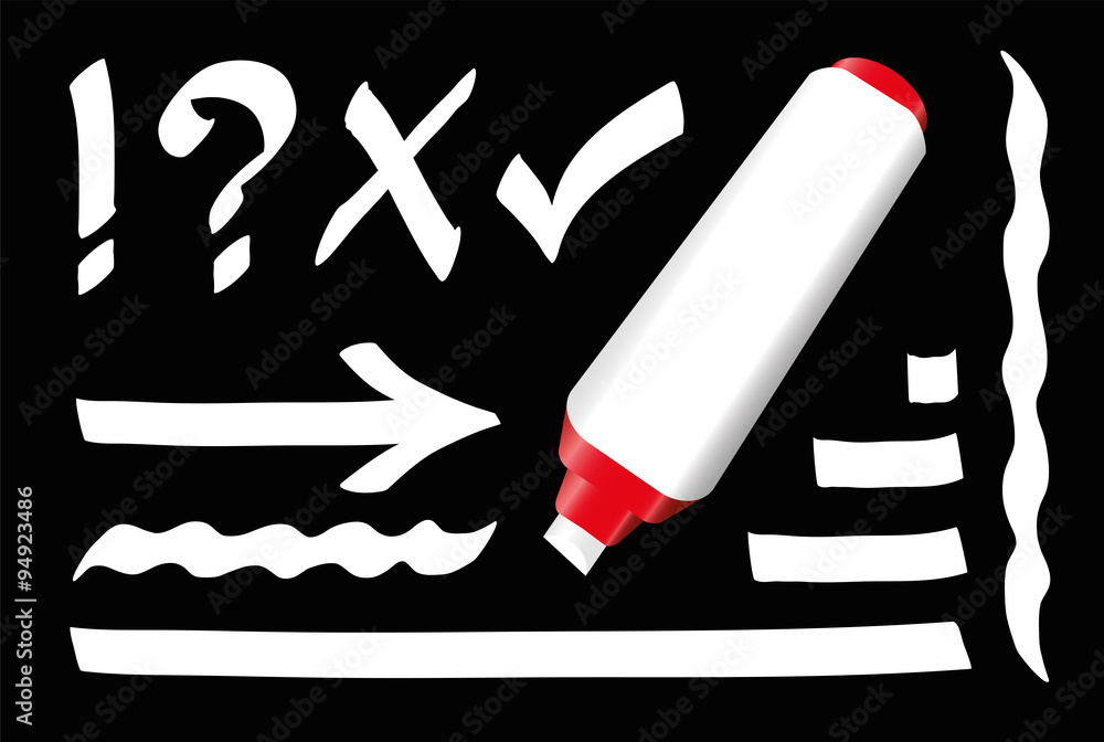 White marker pen, strokes and signs like question mark, call sign, tick ...