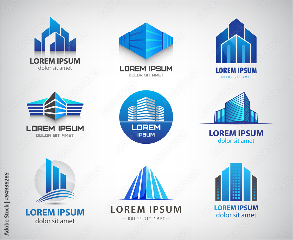 Vector set of blue, modern office, company buildings, skyscrapers logos ...