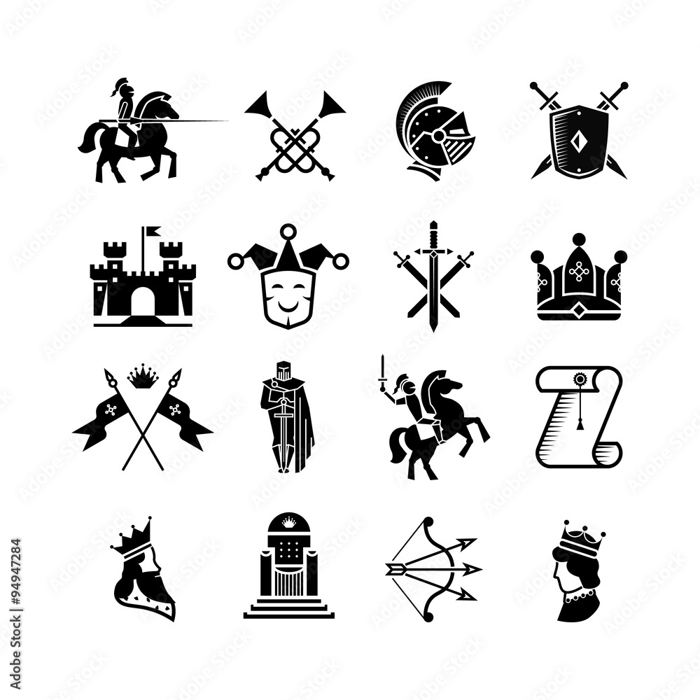 Knight medieval history vector icons set. Middle ages warrior weapons ...