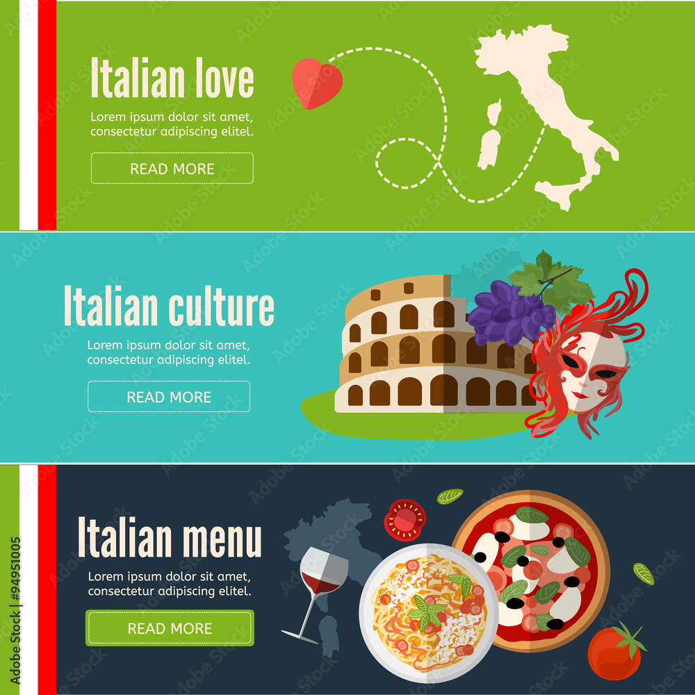 Collection of web banners with with Italian food, symbols and ...