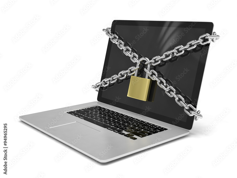 3d illustration computer security. laptop locked with chains and ...