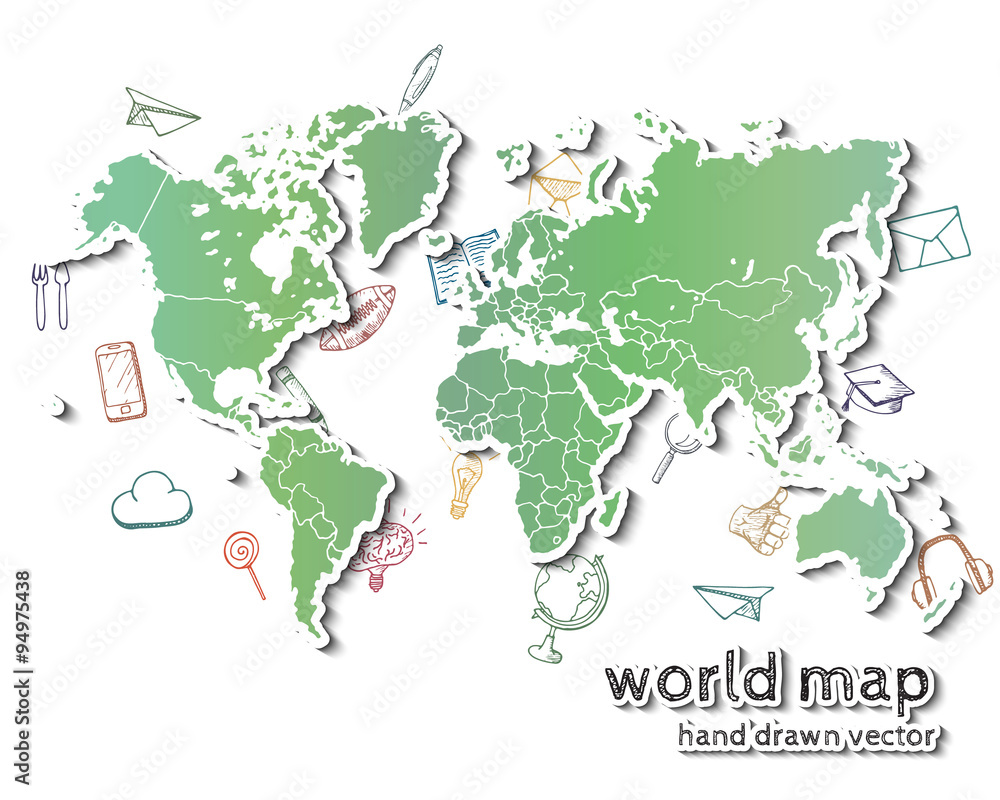 Hand drawn realistic world map. Stock Vector | Adobe Stock