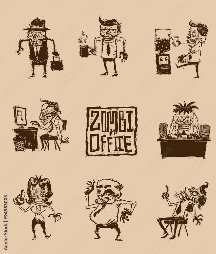 Vector Set of Zombies in office. Cartoon image of a set zombies in ...