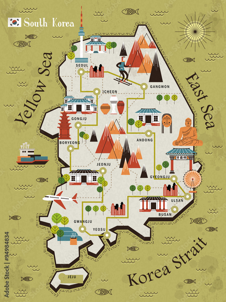 South Korea travel map Stock Vector | Adobe Stock