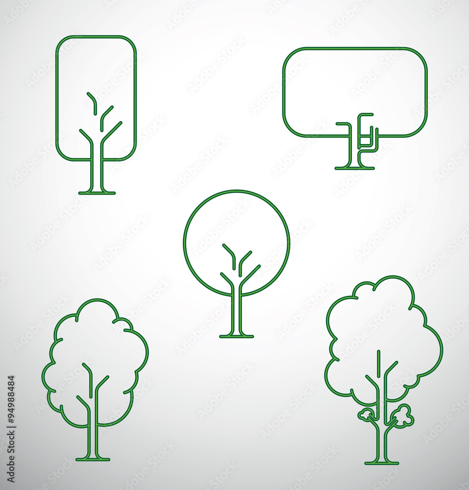 Vector Line tree set. Image of five different trees of green lines on a ...