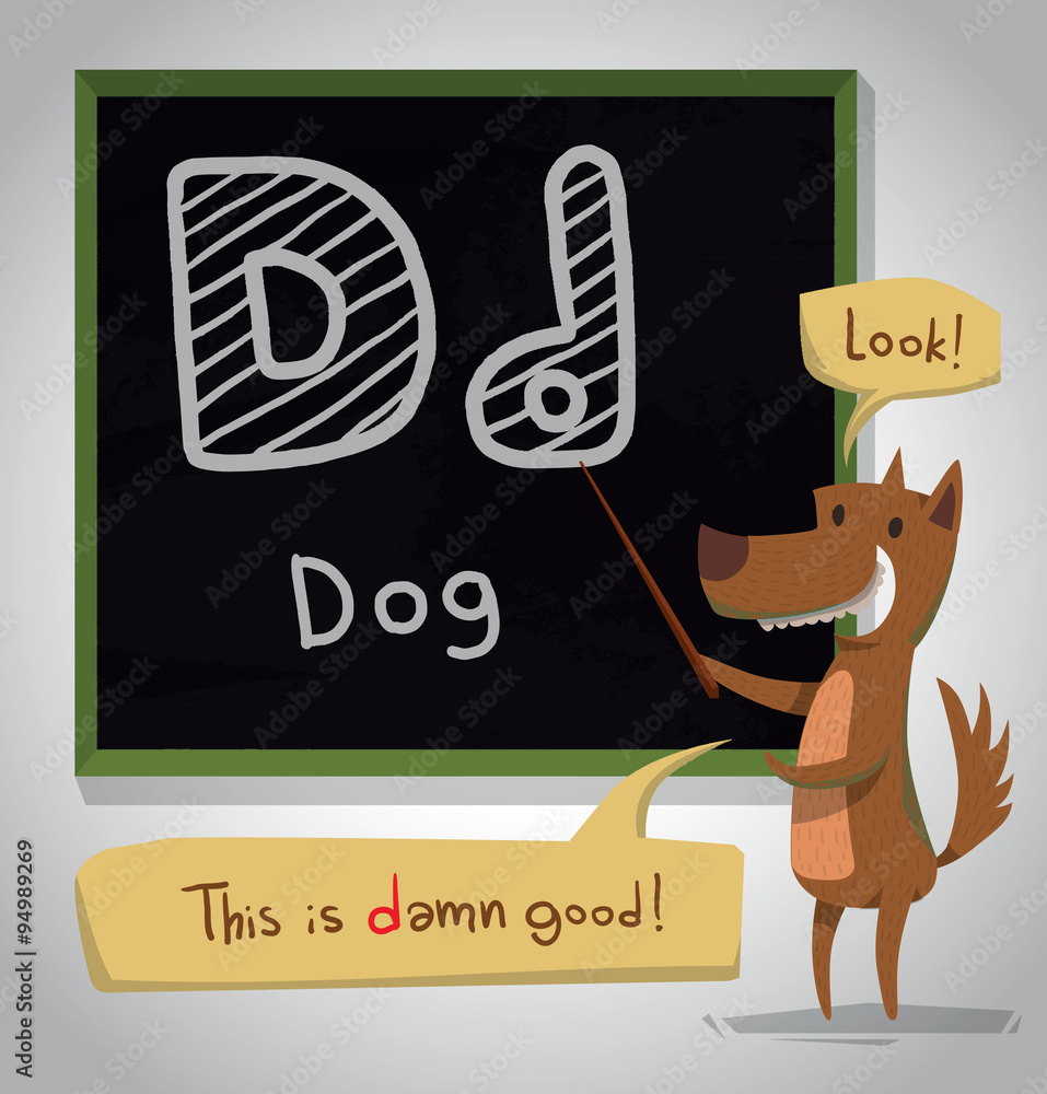 Vector cartoon image of a funny brown dog standing with a pointer in ...