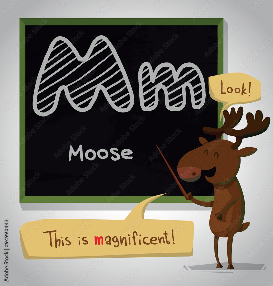 Vector cartoon image of a funny brown moose standing with a pointer in ...
