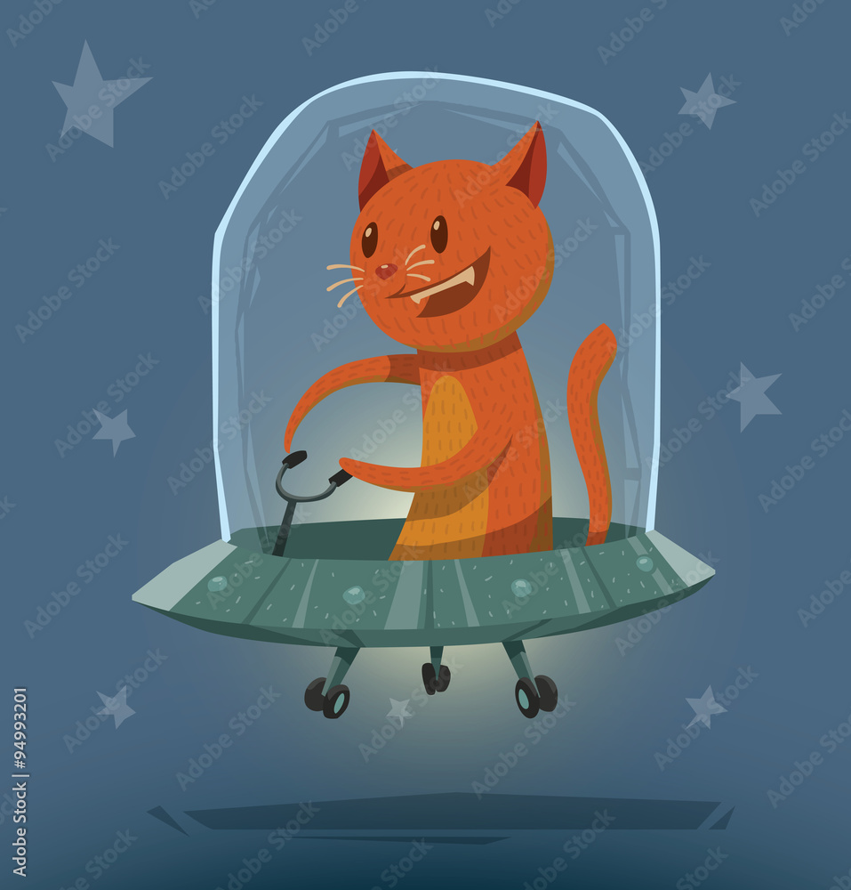 Vector Cat in UFO. Cartoon image of an orange cat sitting in a gray UFO ...