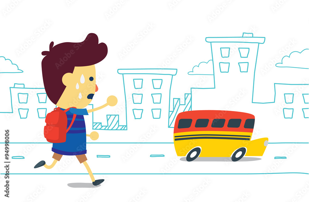 A boy hurry running for chase school bus because he out of home too ...