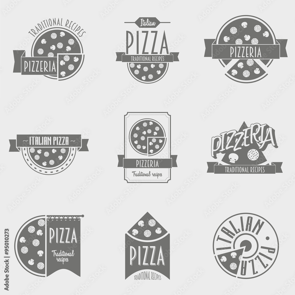 Vector illustration Pizza Logo set. Black and white Pizzeria label or ...